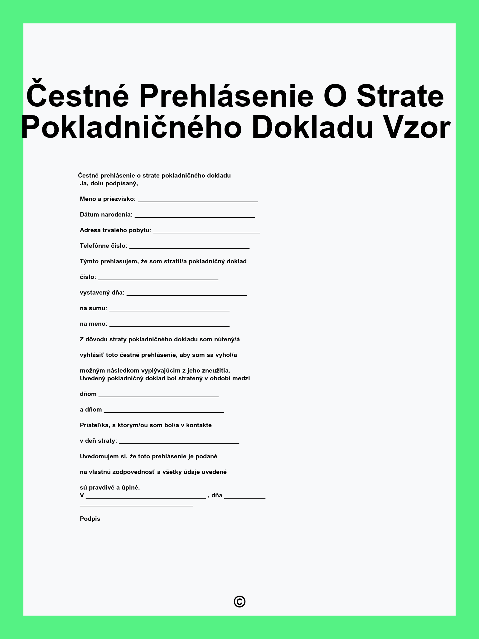 Čestné Prehlásenie O Strate Pokladničného Dokladu Vzor