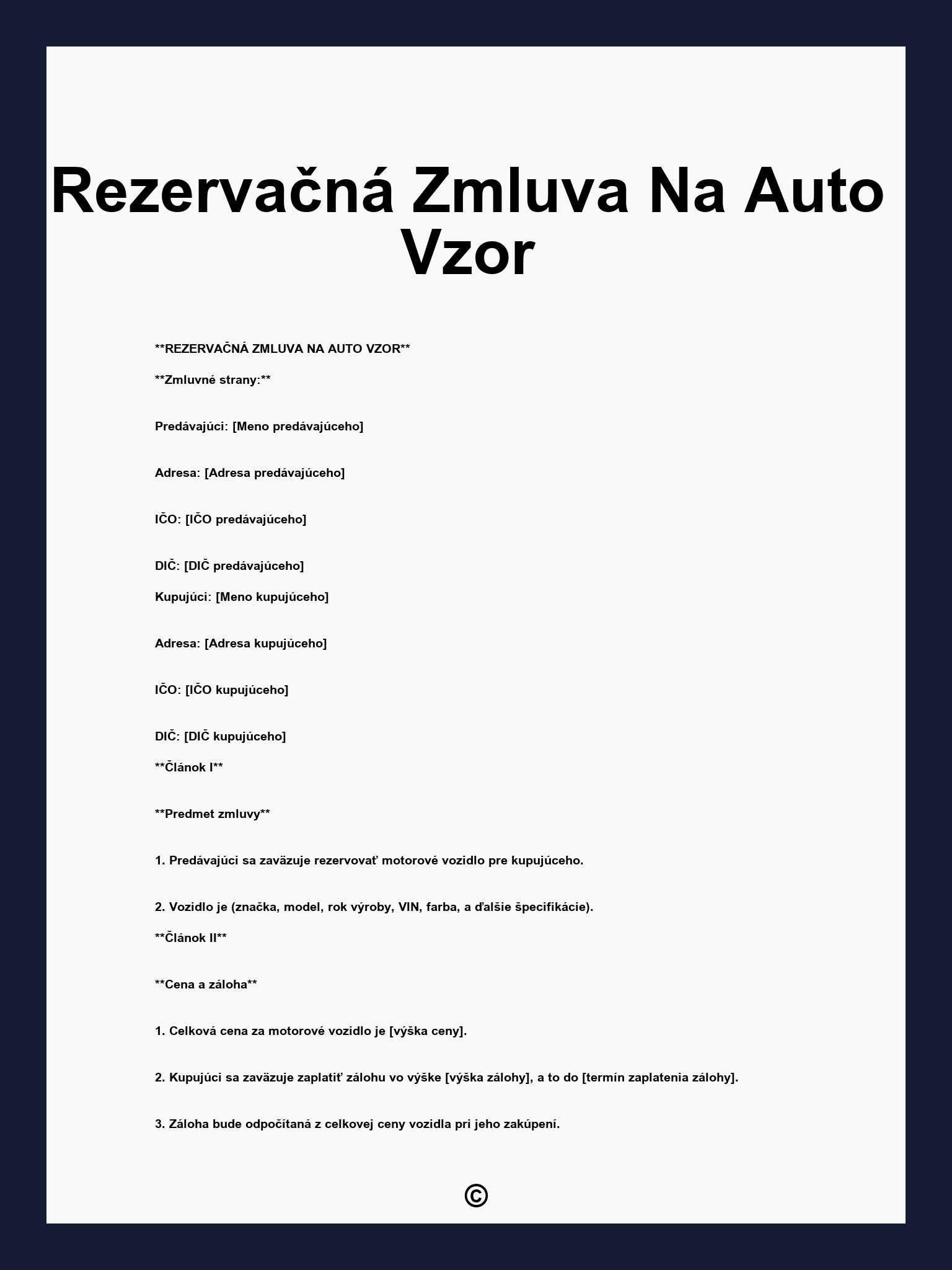 Rezervačná Zmluva Na Auto Vzor