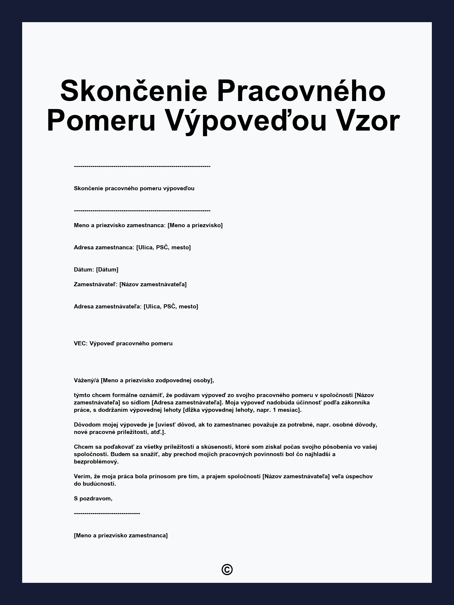 Skončenie Pracovného Pomeru Výpoveďou Vzor