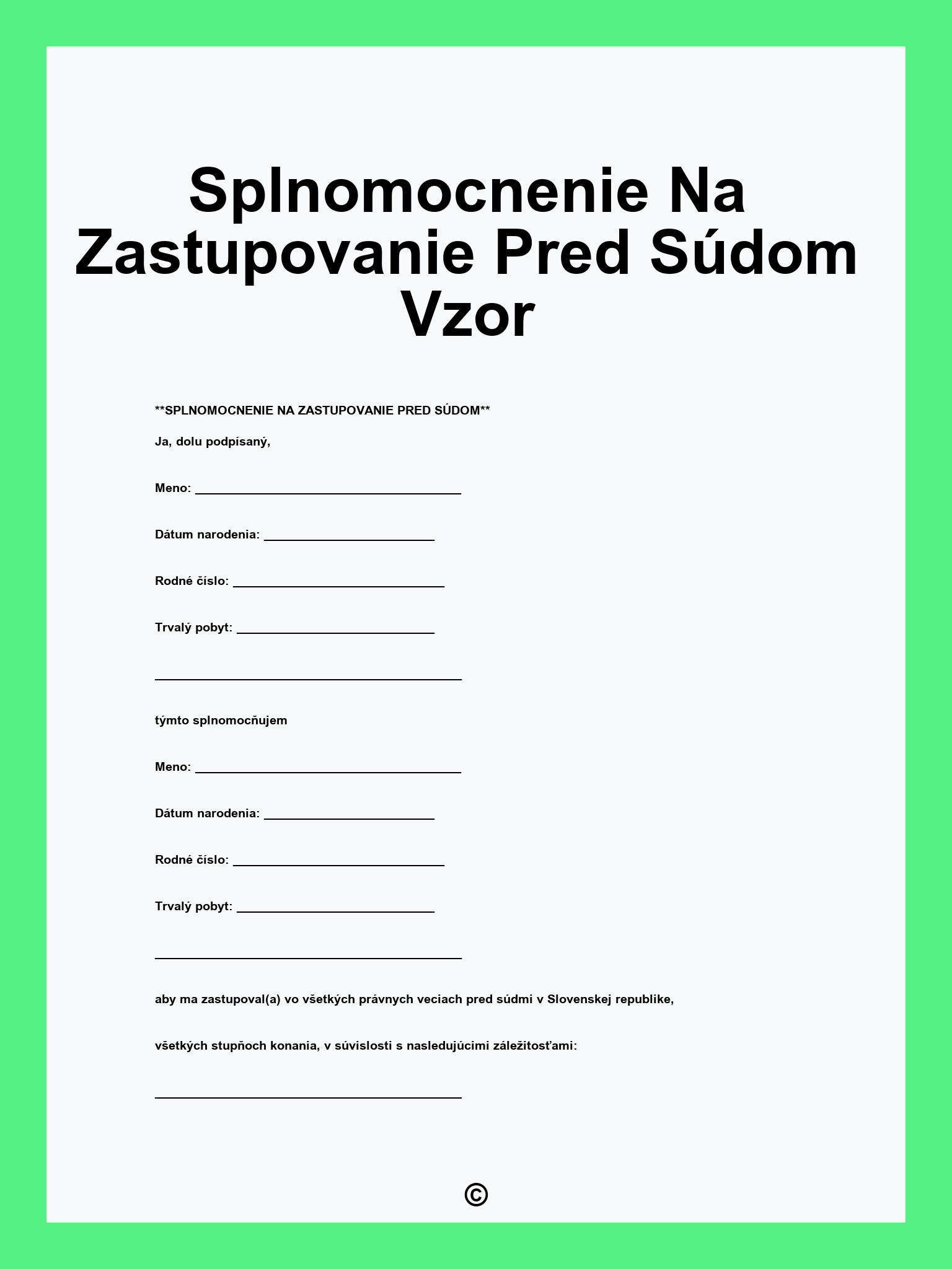 Splnomocnenie Na Zastupovanie Pred Súdom Vzor